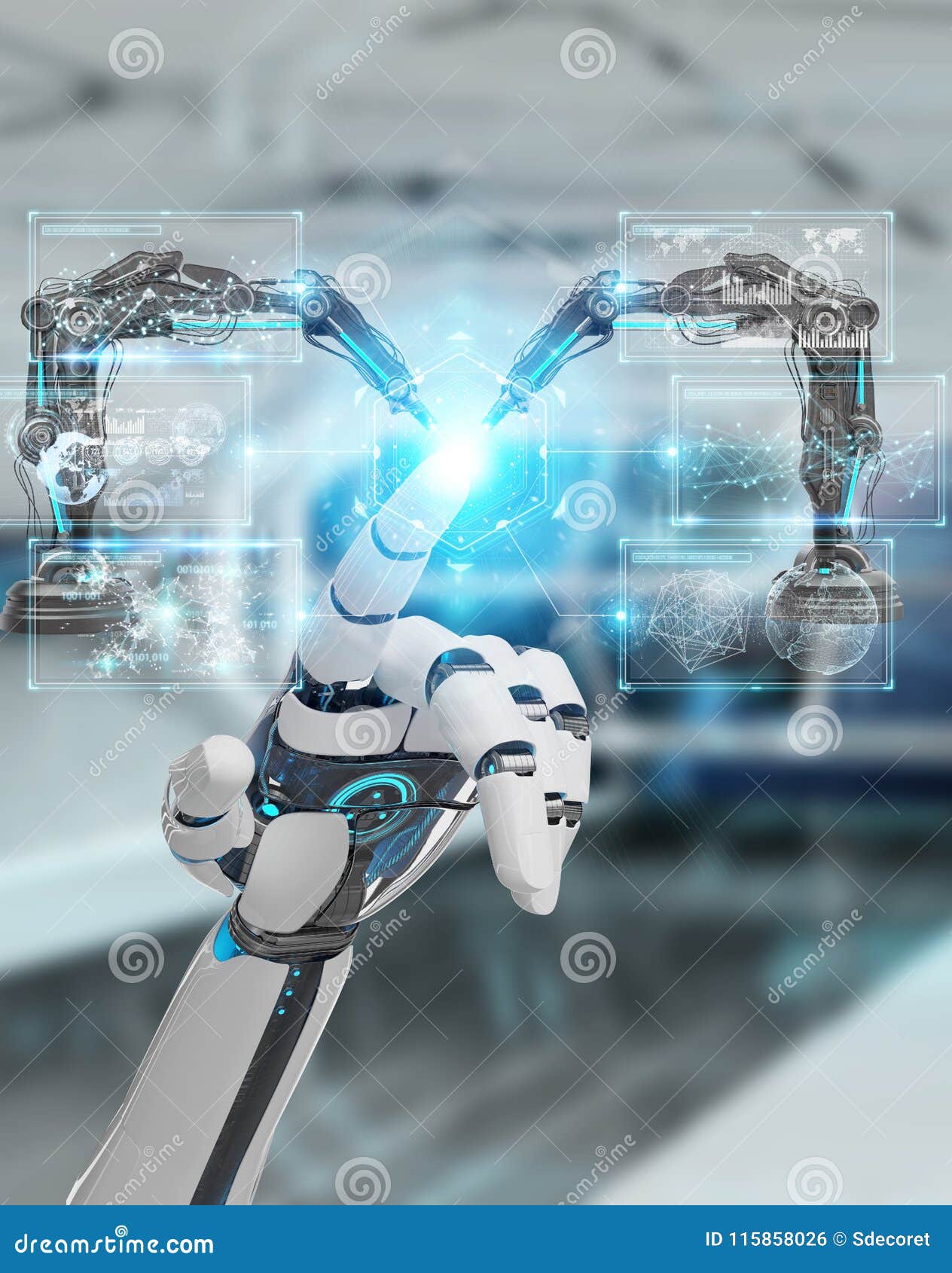 White Robot Hand Using Robotics Arms with Digital Screen 3D Rend Stock ...