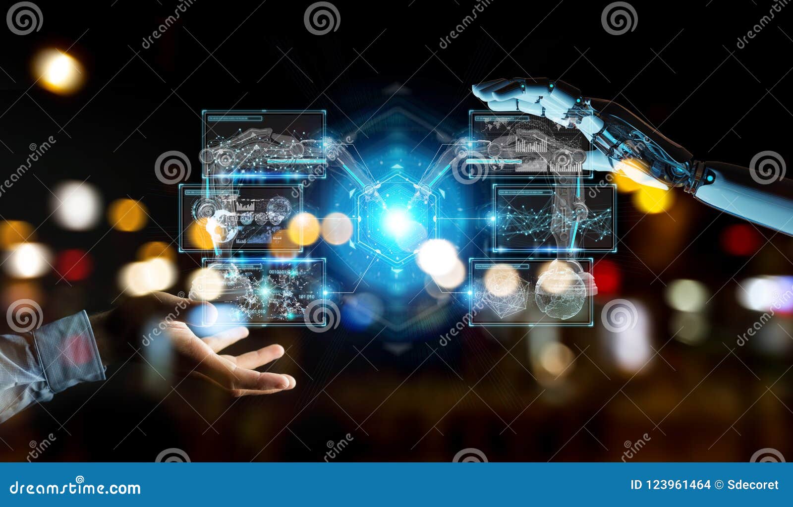 White Robot Hand Using Robotics Arms with Digital Screen 3D Rend Stock ...