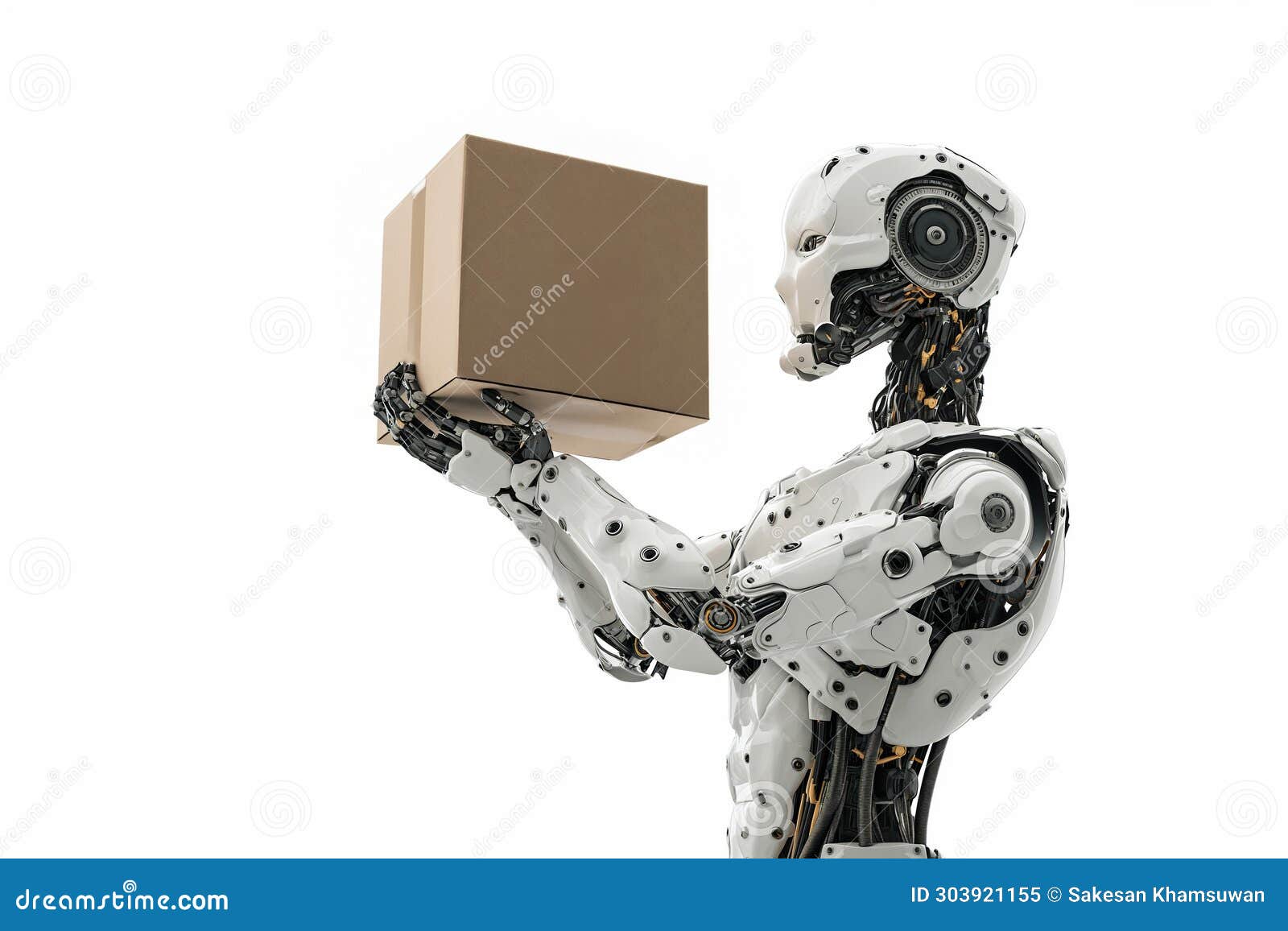 White Robot Holding Box on Isolate White Background for Express Stock ...
