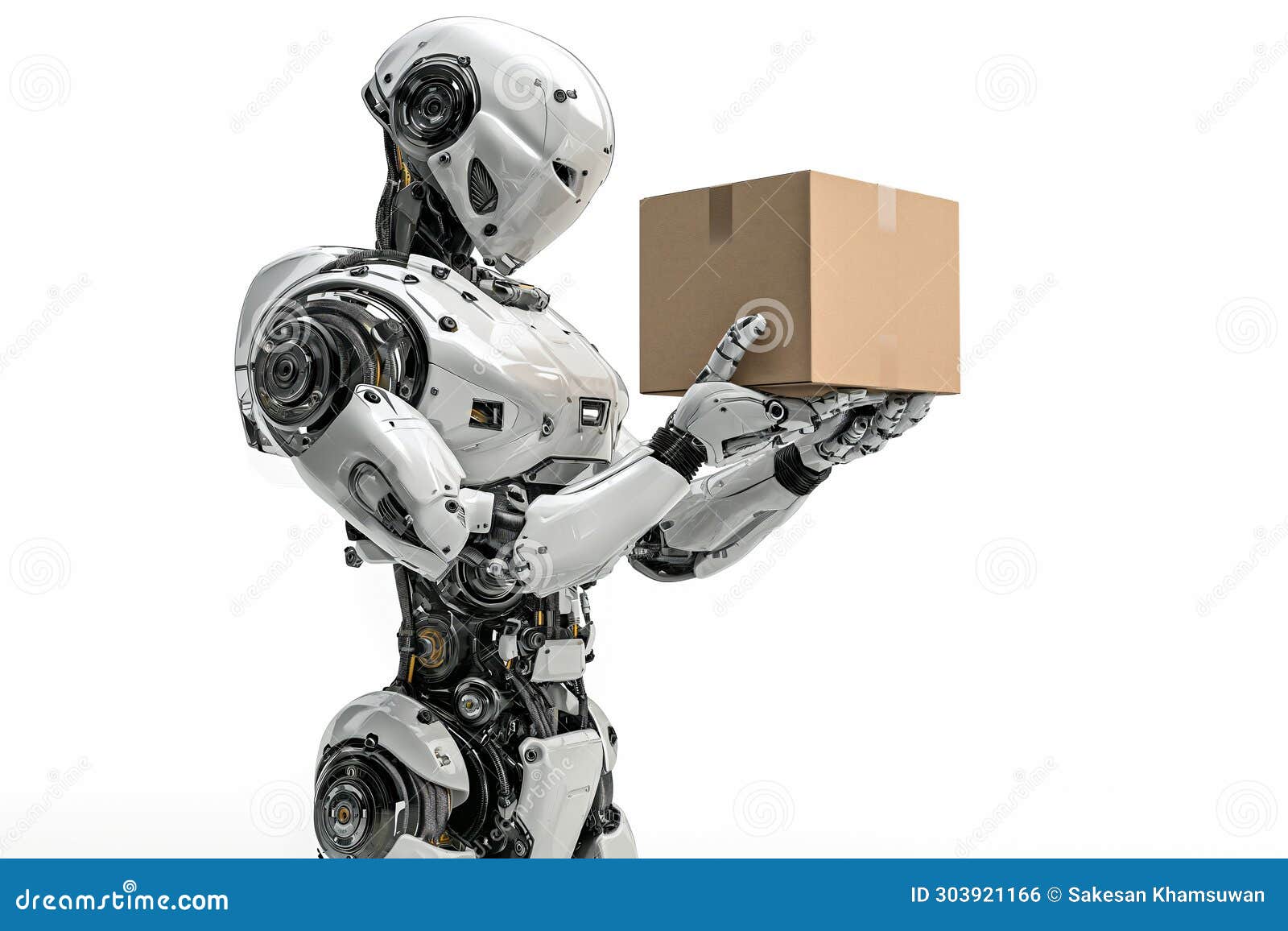 White Robot Holding Box on Isolate White Background for Express Stock ...