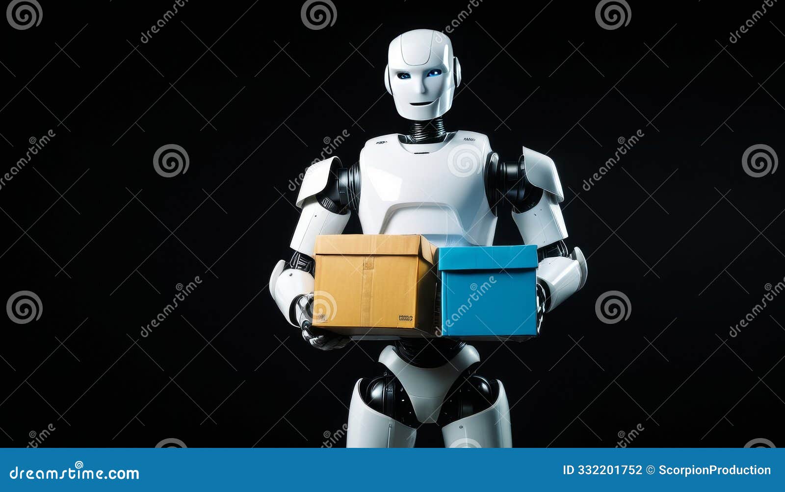 White Robot Holding Two Boxes in a Dark Setting Stock Photo - Image of ...
