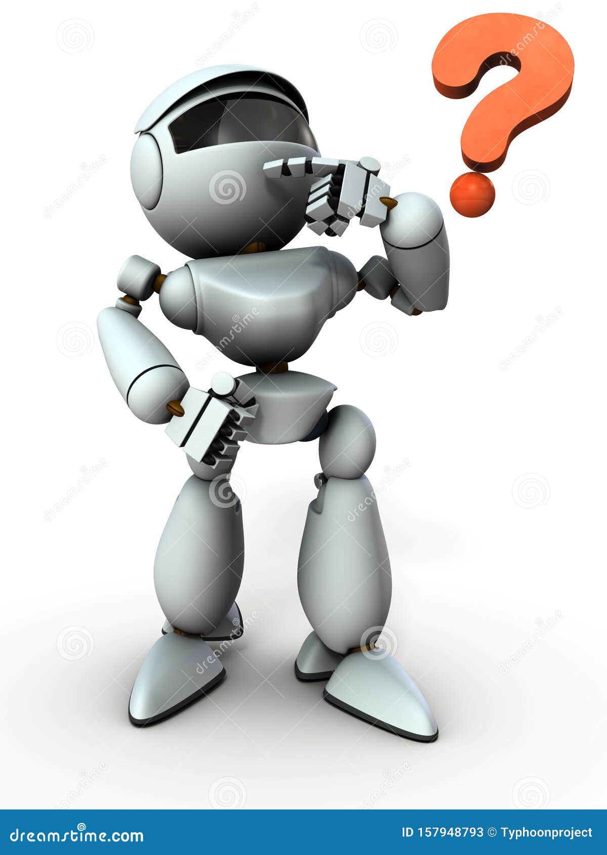 A White Robot Pointing Up at the Head and Looking Up into the Sky ...