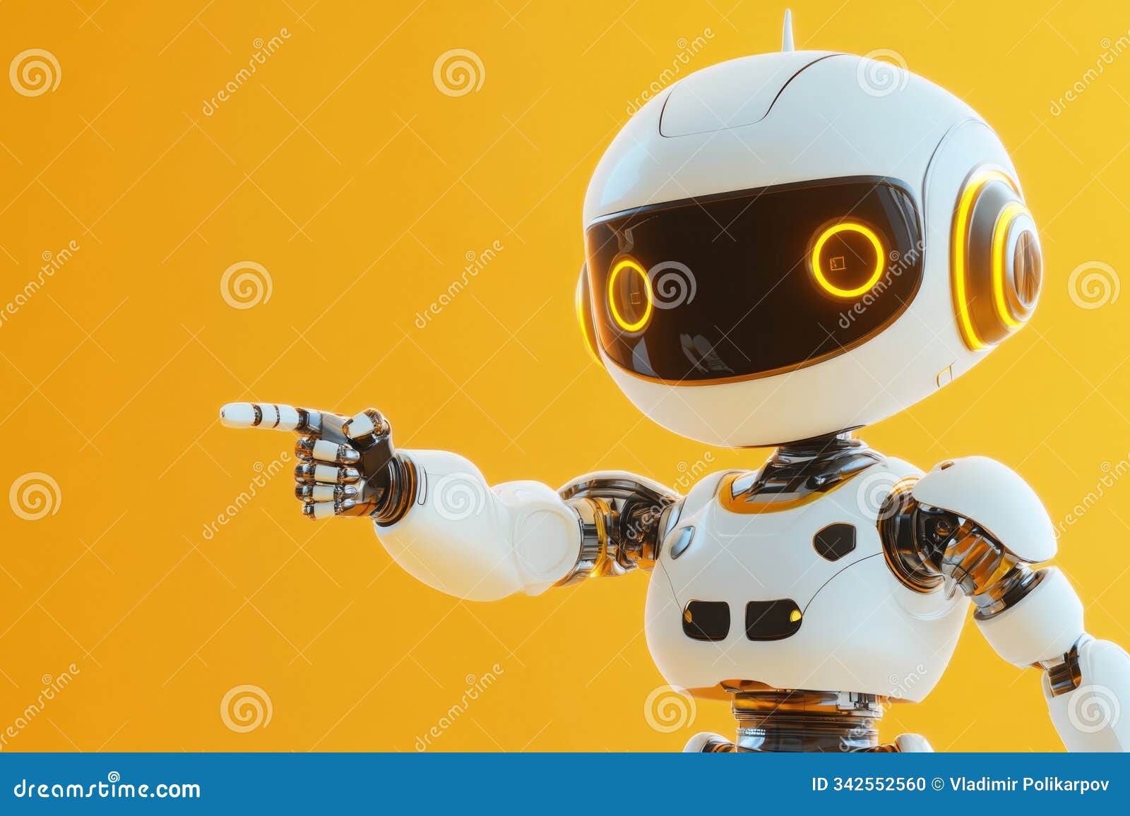 A White Robot Points at Something on a Yellow Background Stock Photo ...