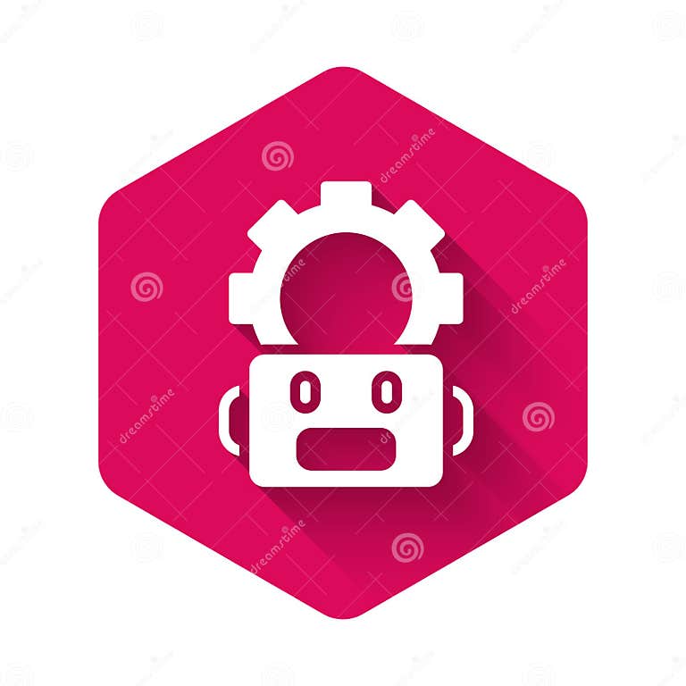 White Robot Setting Icon Isolated with Long Shadow Background ...