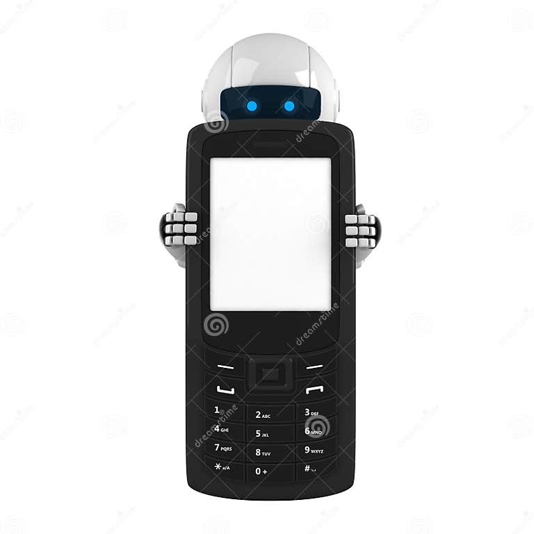 White Robot Stay with Mobile Phone Stock Illustration - Illustration of ...