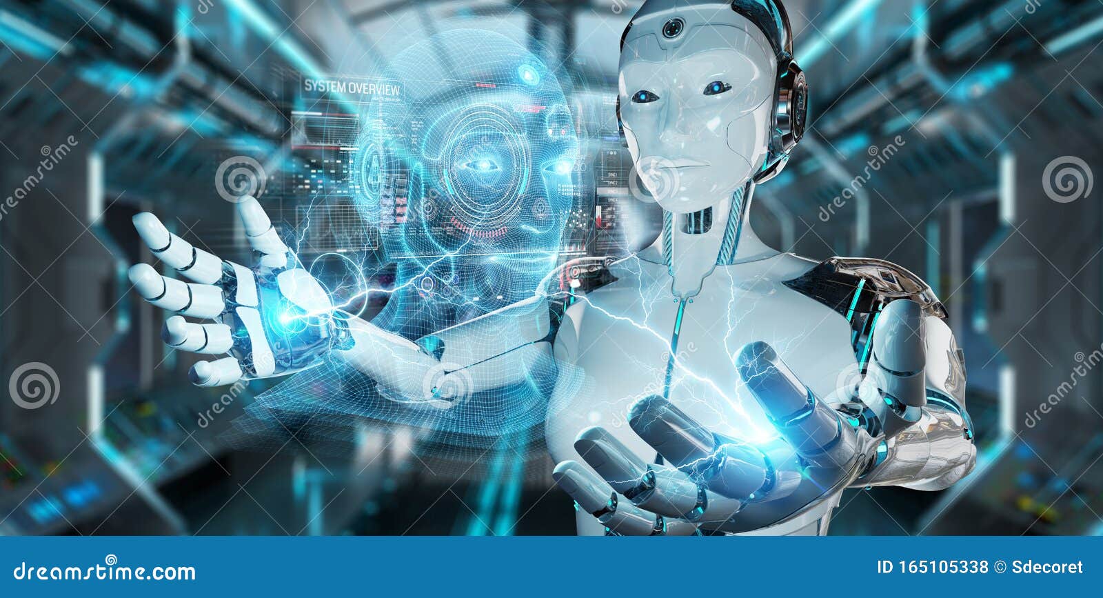 White Robot Using Digital Artificial Intelligence Head Interface 3D ...
