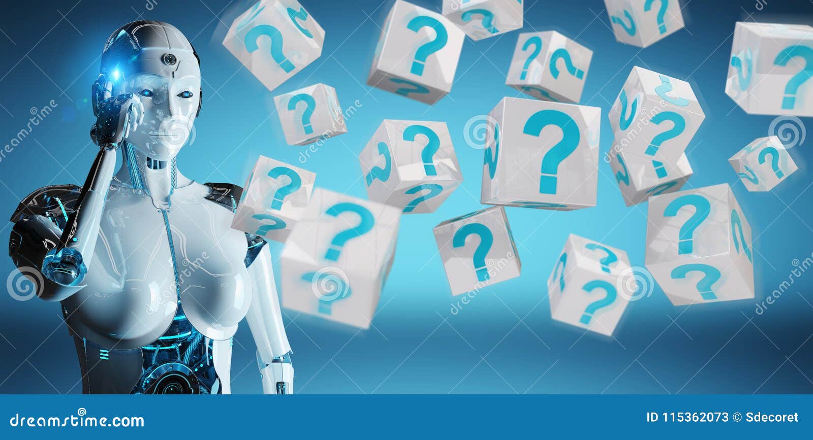 White Robot Using Digital Question Marks 3D Rendering Stock ...