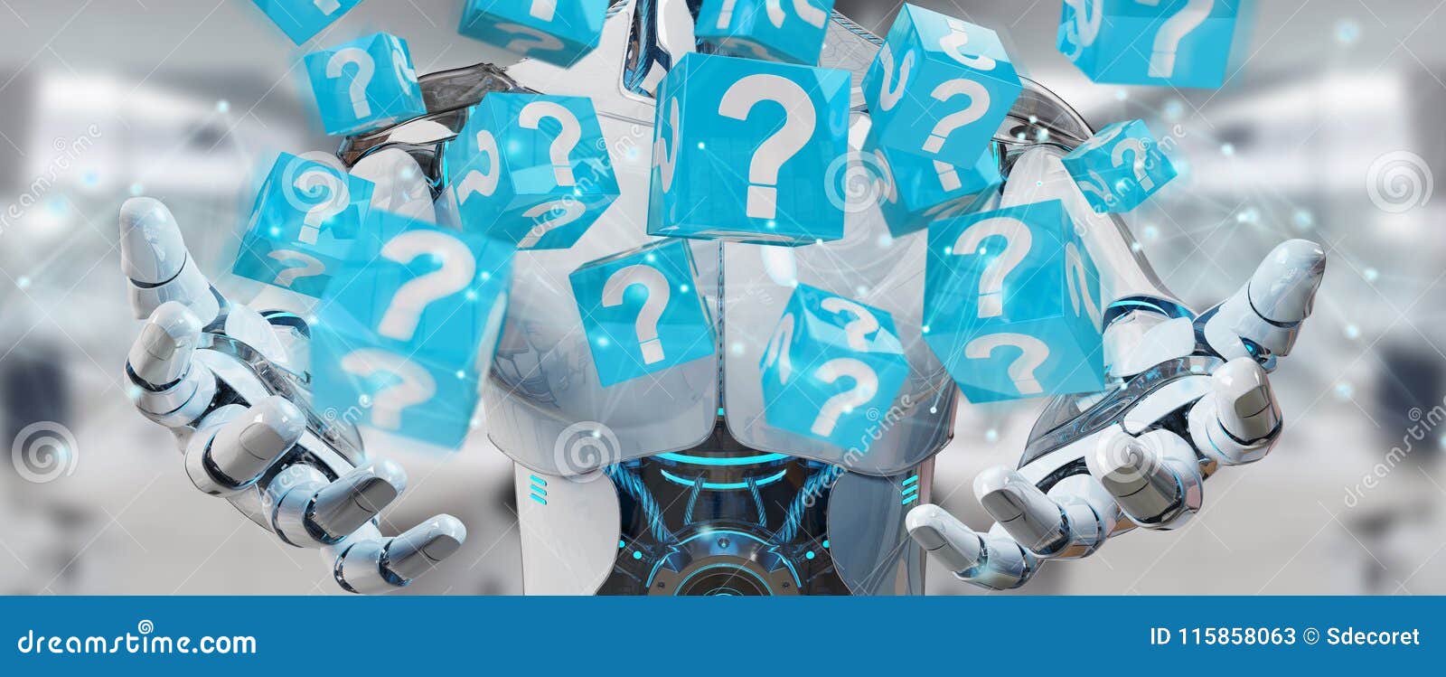 White Robot Using Digital Question Marks 3D Rendering Stock ...