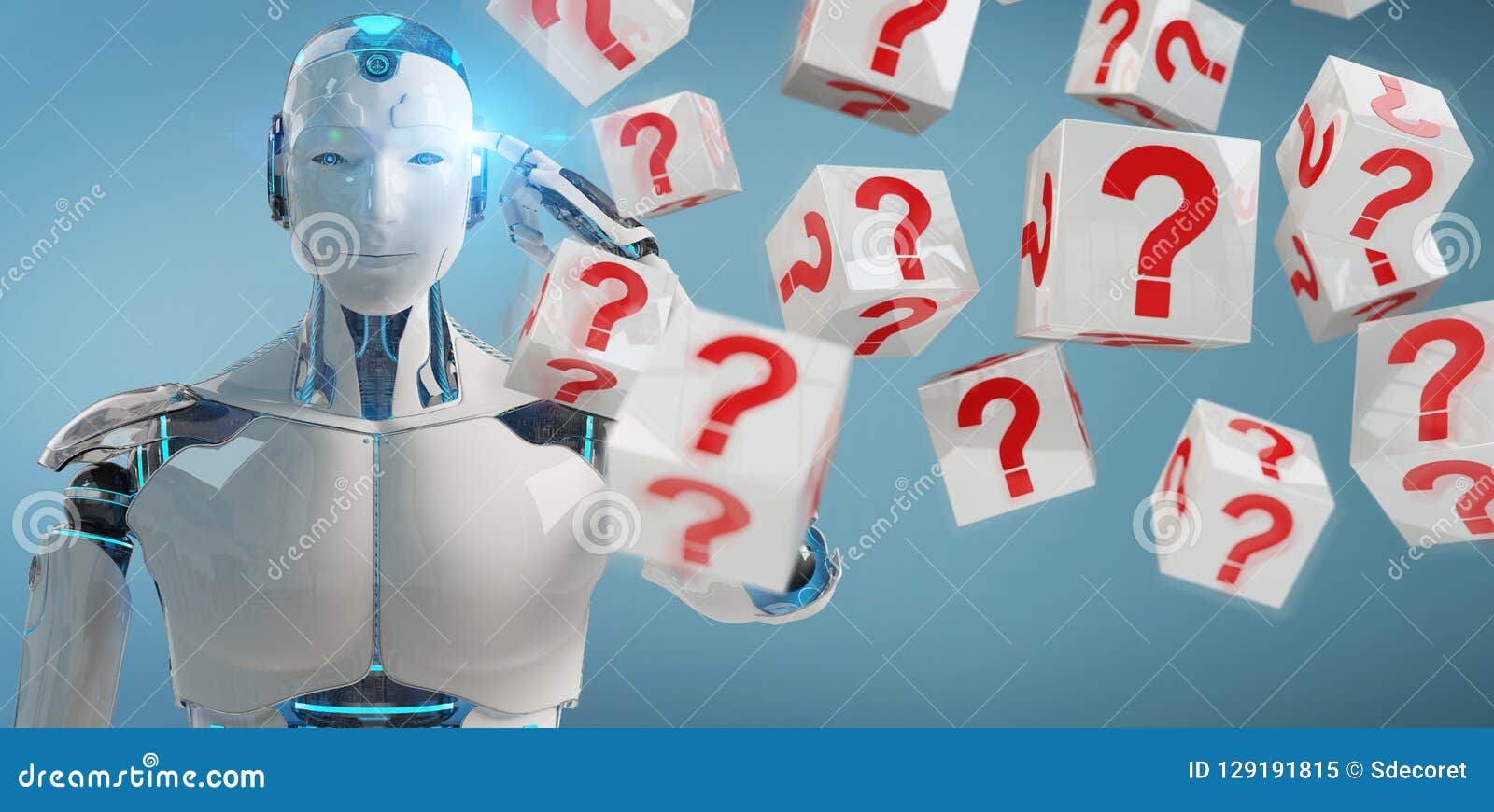 White Robot Using Digital Question Marks 3D Rendering Stock ...