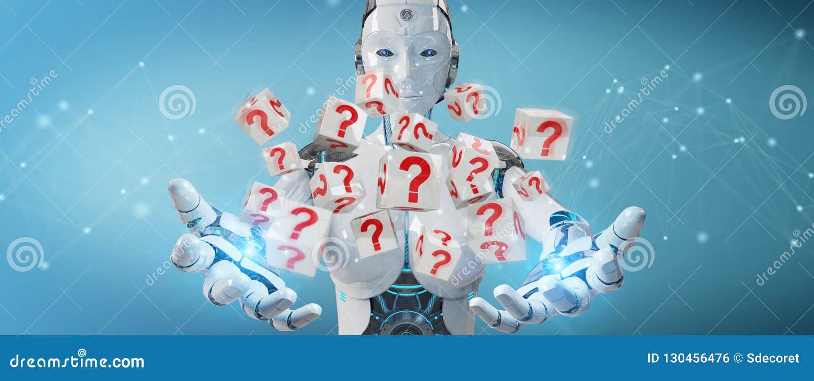 White Robot Using Digital Question Marks 3D Rendering Stock ...
