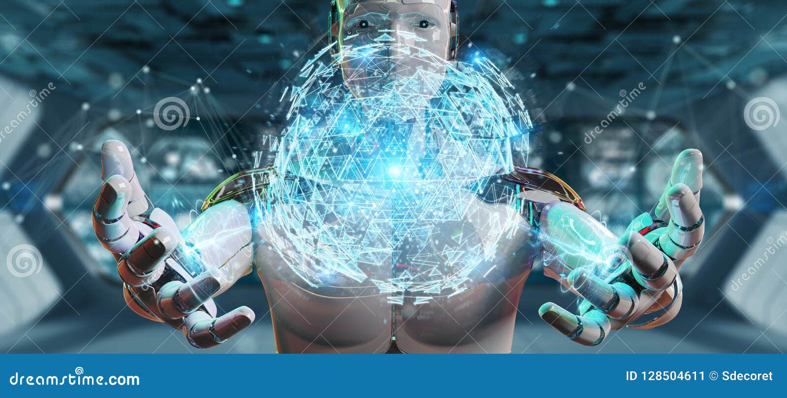 White Robot Using Digital Triangle Exploding Sphere Hologram 3D Stock Illustration ...