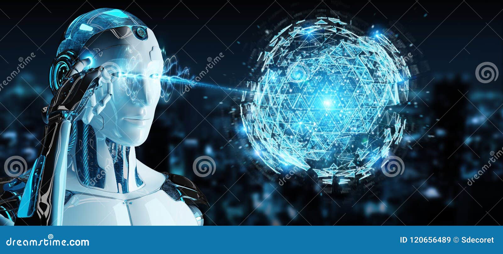 White Robot Using Digital Triangle Exploding Sphere Hologram 3D Stock Illustration ...