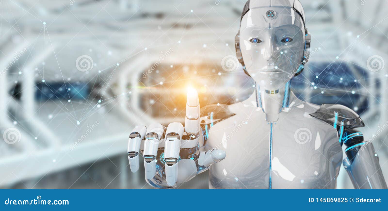 White Robot Using Floating Digital Network Connections with Dots and ...