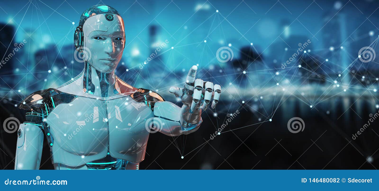 White Robot Using Floating Digital Network Connections with Dots and ...