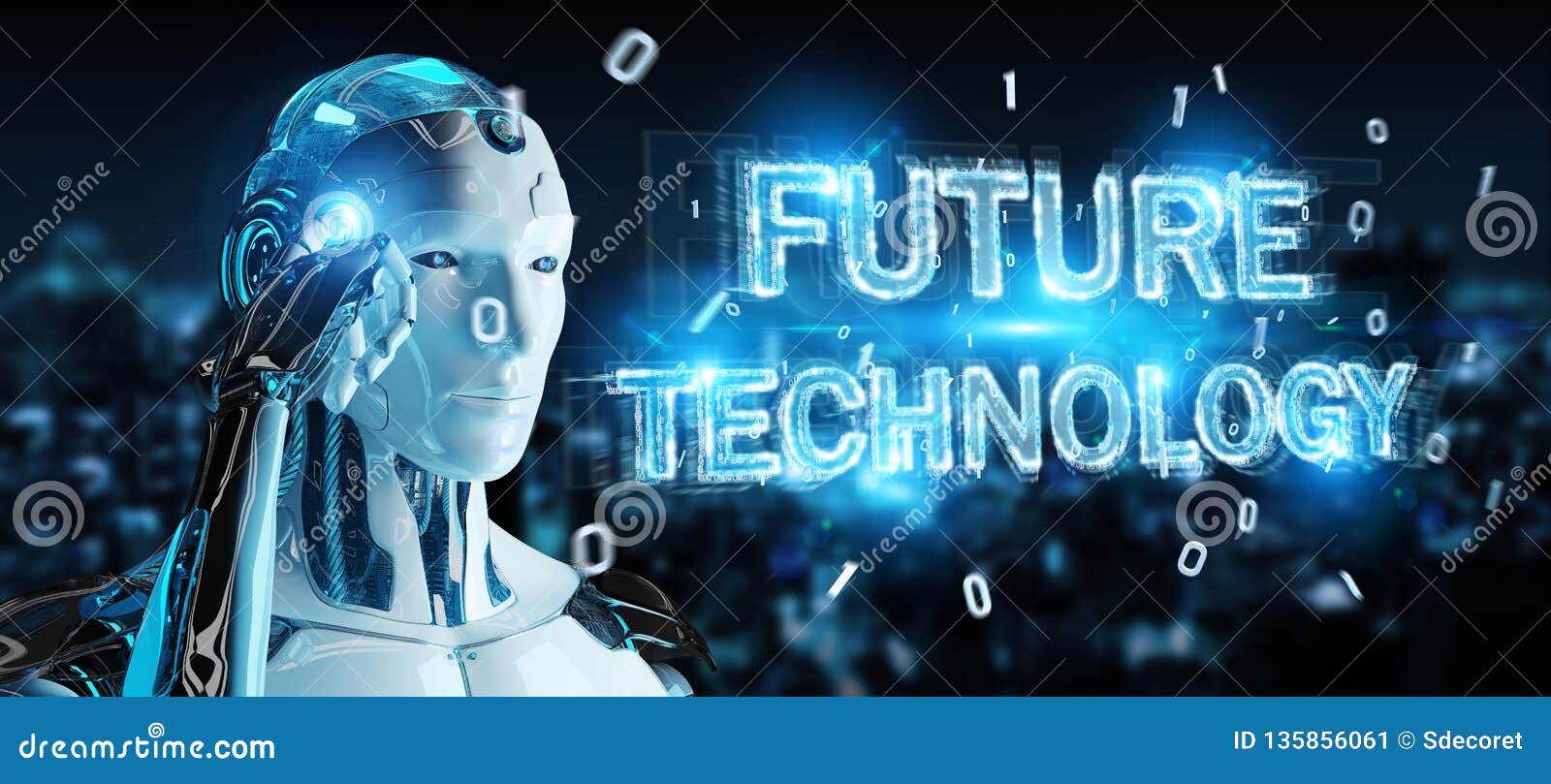White Robot Using Future Technology Text Hologram 3D Rendering Stock ...
