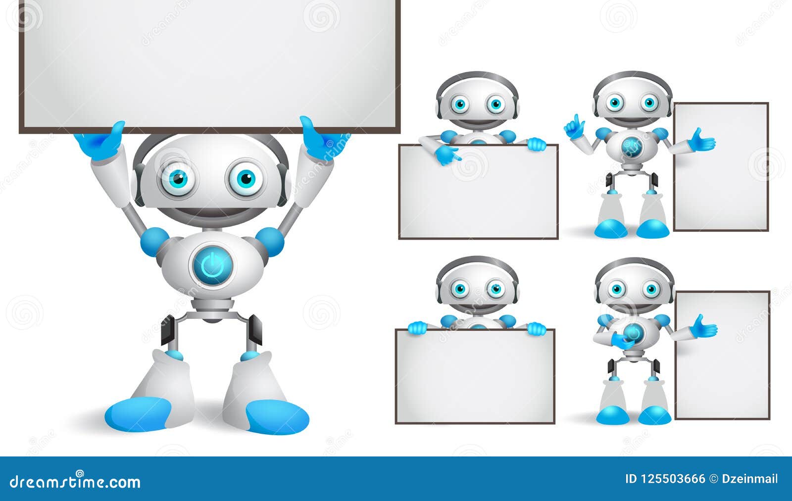 White Robot Vector Characters Set Standing And Holding Empty Blank ...