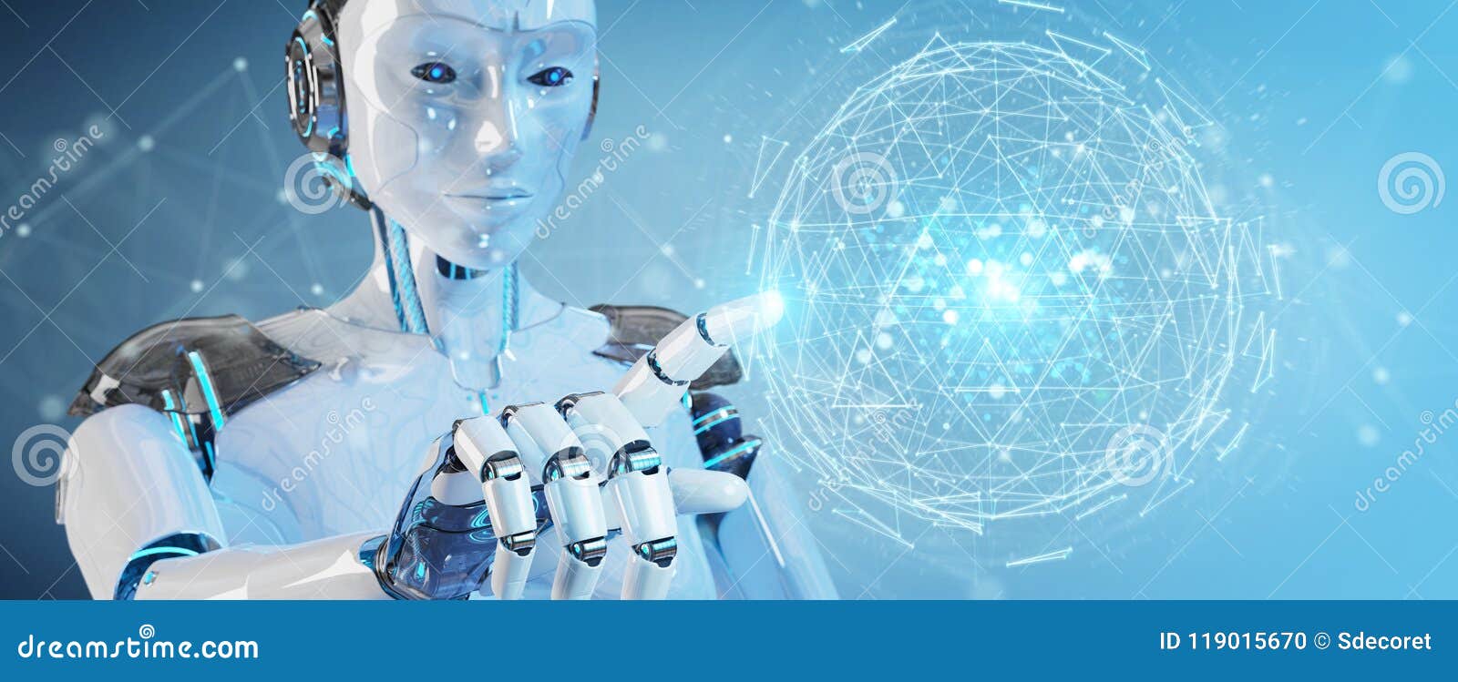 White Robot Woman Using Digital Triangle Exploding Sphere Hologram 3D ...