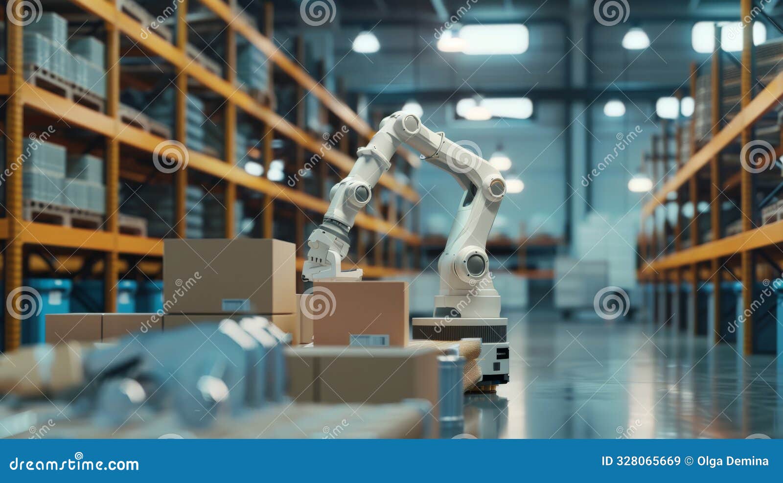 White Robotic Arm Stacking Boxes in a Modern Warehouse. Advanced ...