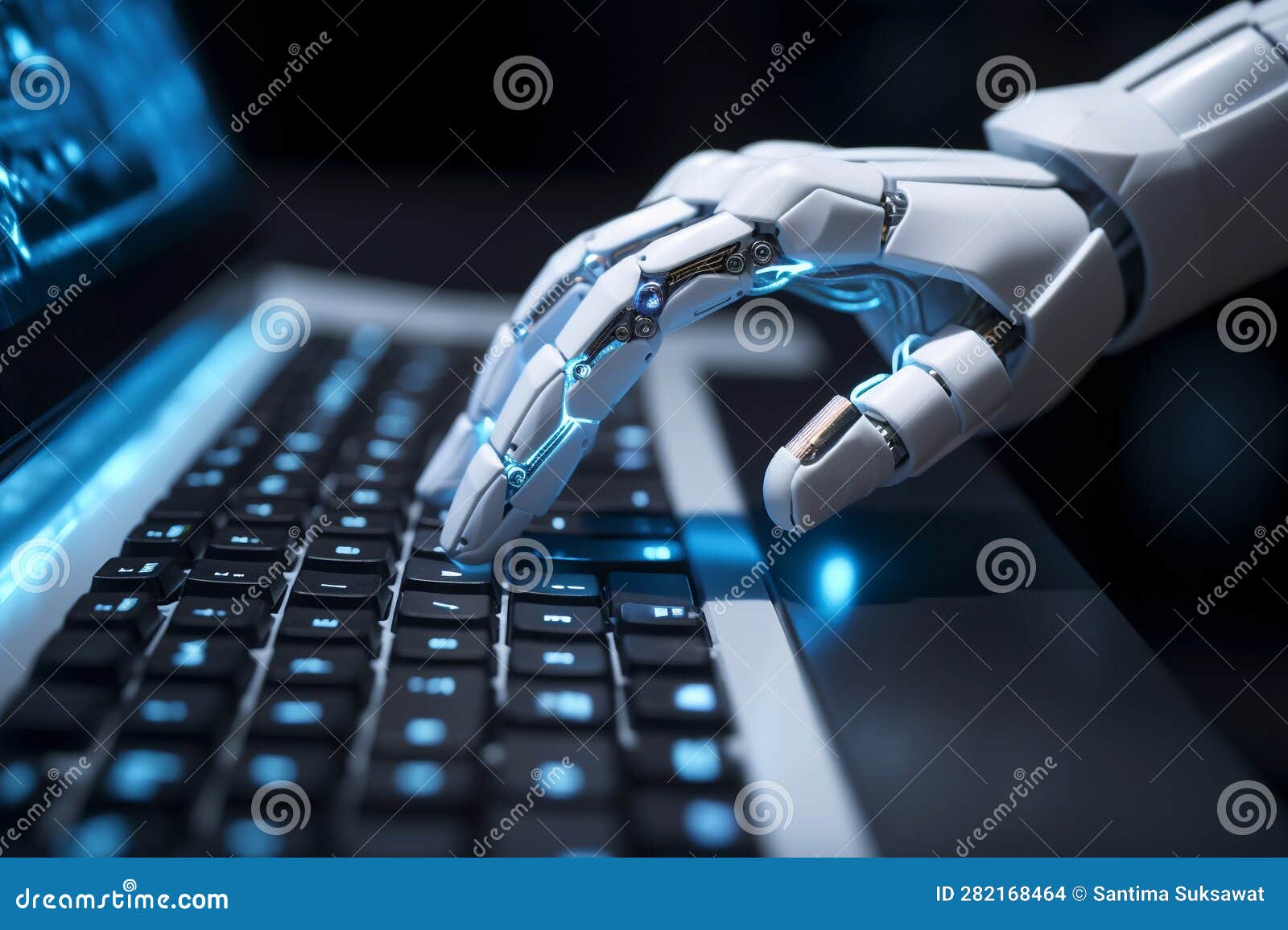 White Robotic Cyborg Pressing a Keyboard on a Laptop. Generative AI ...