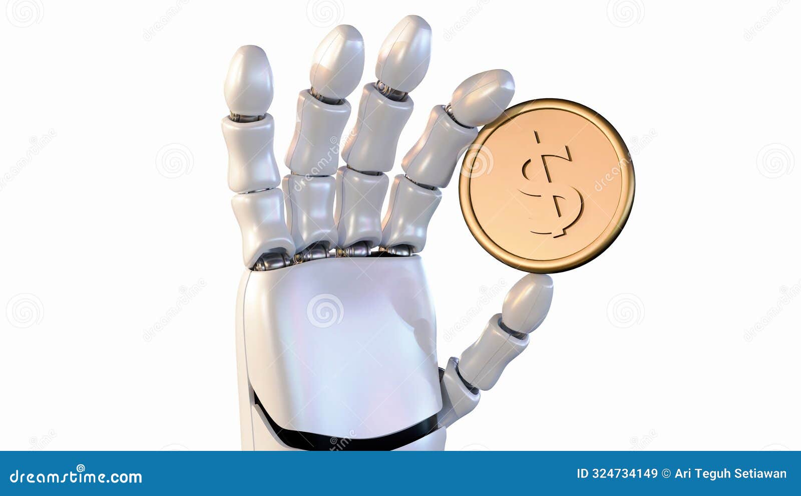 White Robotic Hand and a Floating Golden Coin Stock Illustration ...