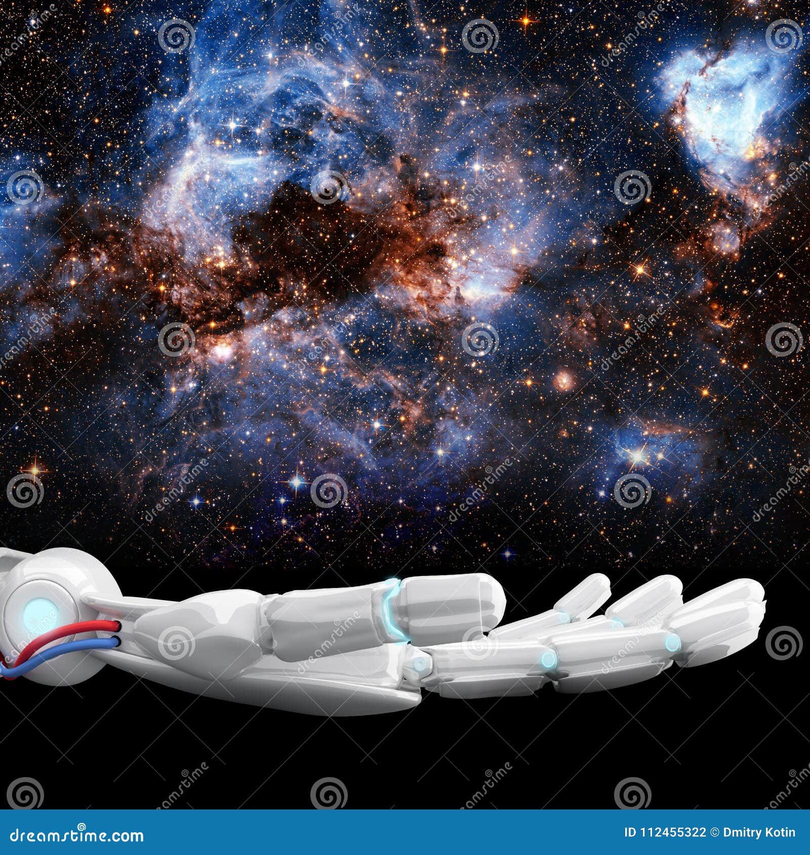 White Robotic Hand Presents Galaxy Space. 3d Rendering Stock Photo ...