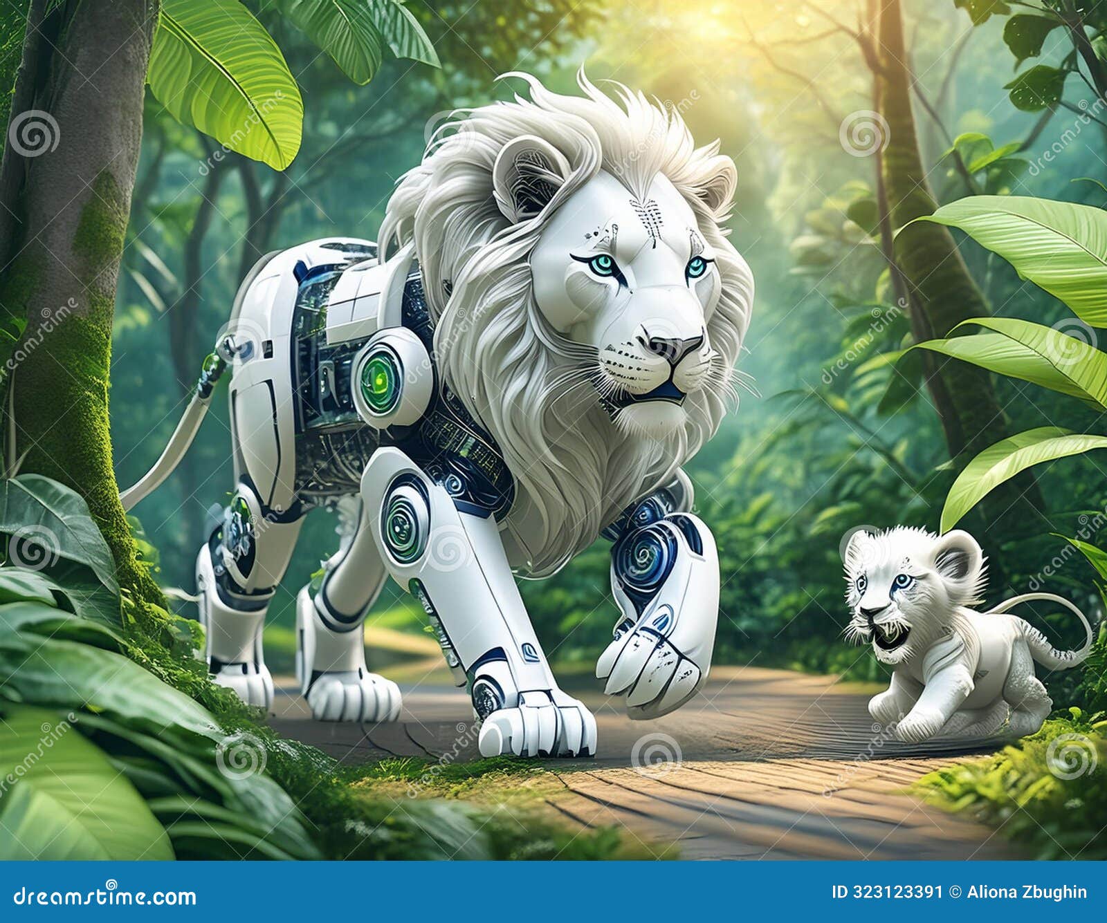 White Robotic Lion Chasing His Child Lion Stock Illustration ...