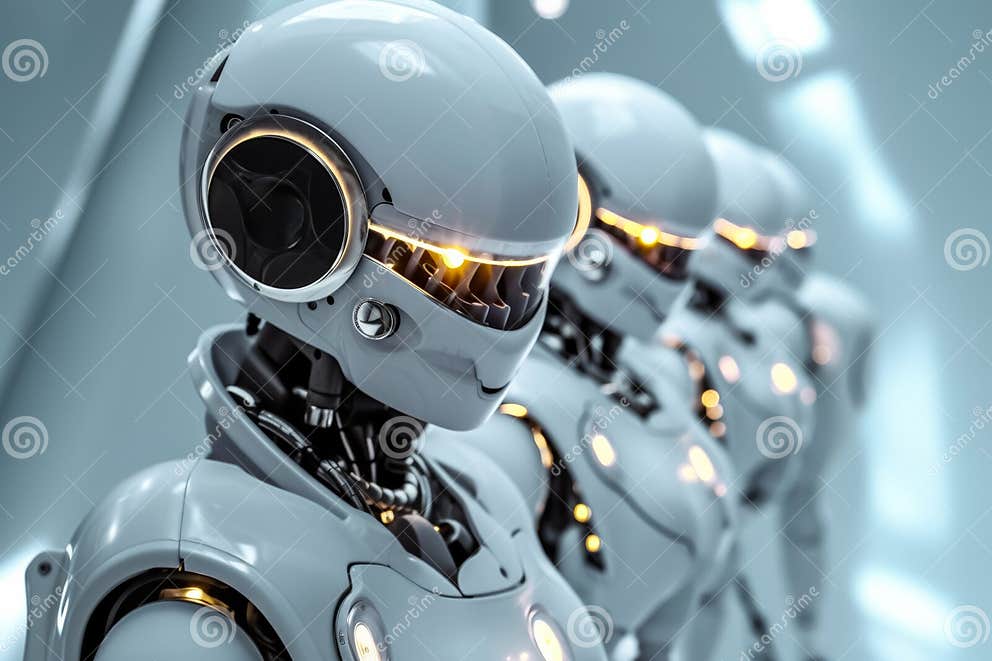 White Robots in Row. a Three Robotics that are Working in a Factory ...