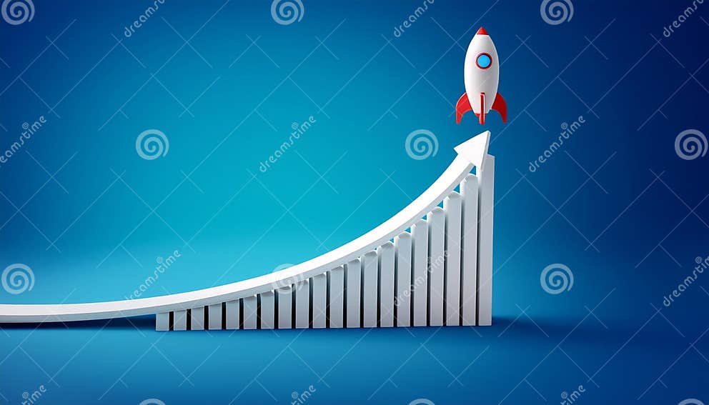 White Rocket Launching with Upward Arrow and Bar Chart on Blue Gradient ...