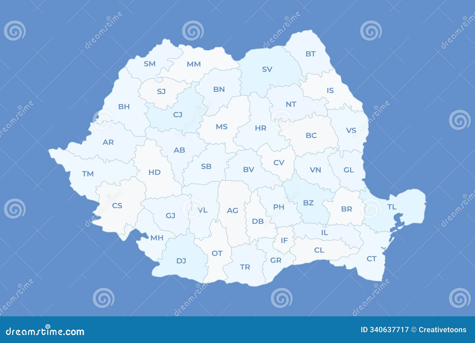 White Romania Map with Counties Outline and Counties Abbreviations on ...