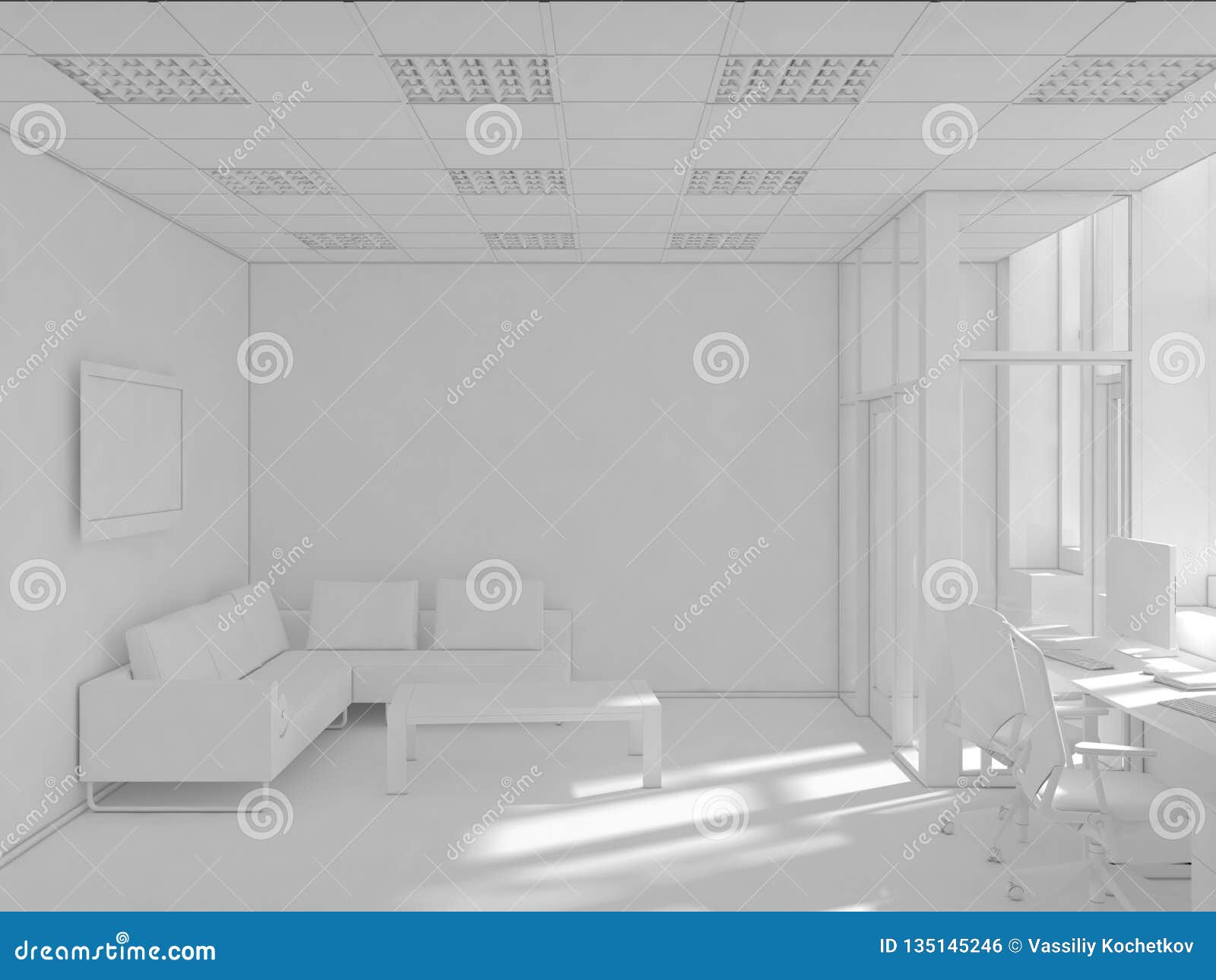 White Room As Office with Desk and Laptop Computer 3D Rendering Stock ...