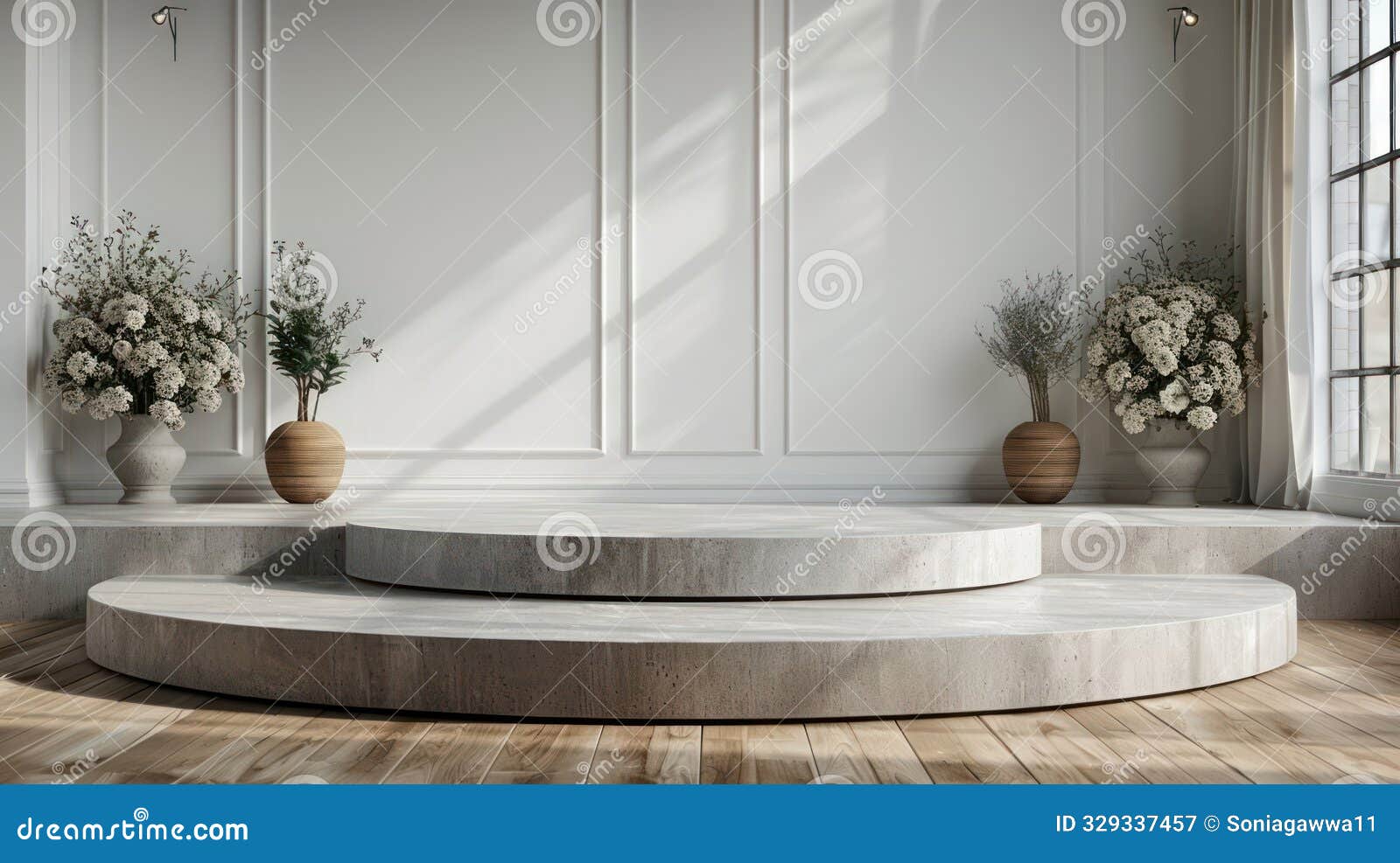 A White Room with a Stage and a Window Stock Illustration ...
