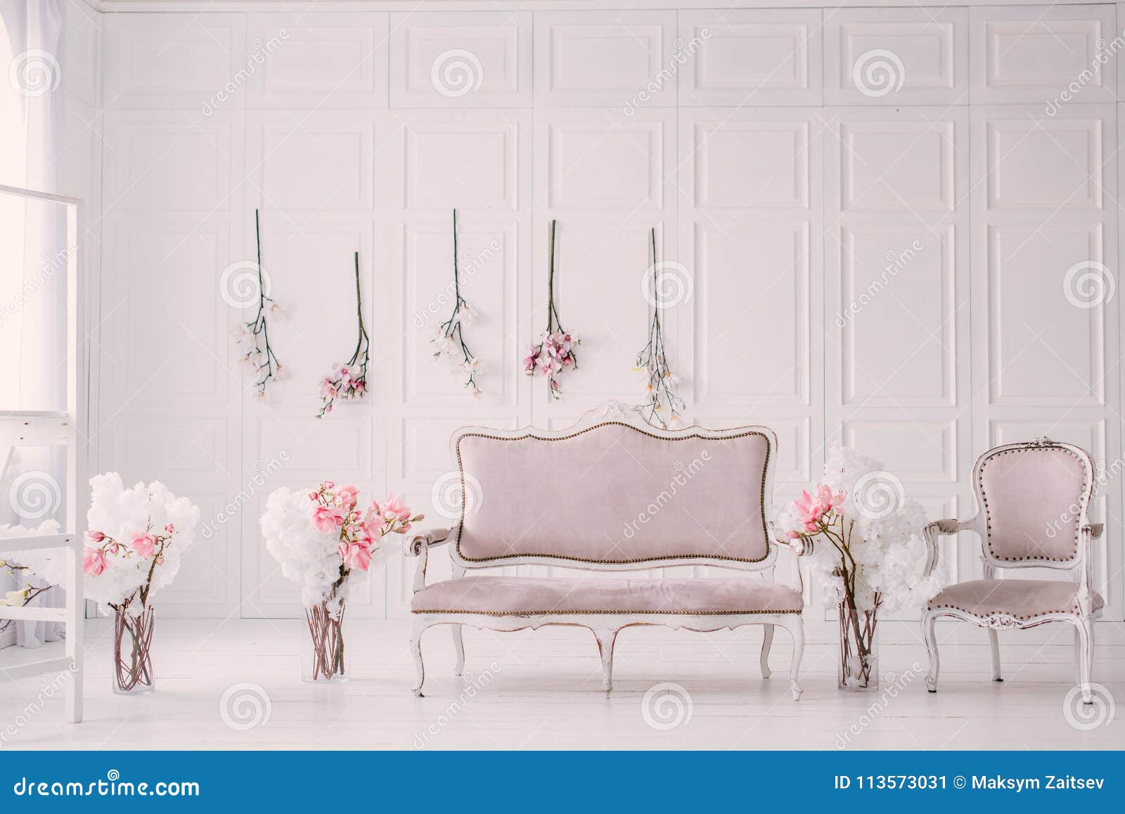White Room with Vintage Interior and Spring Flowers Stock Image - Image ...