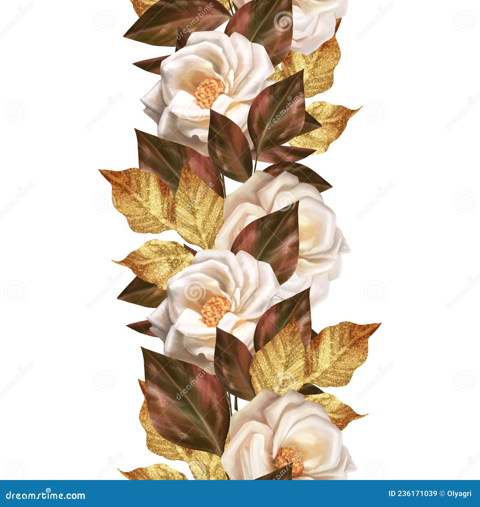 White Rose Flowers. Seamless Pattern with Gold Leaves. Border Frame ...
