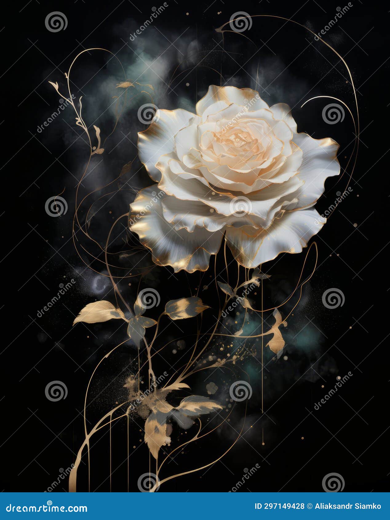 A White Rose with Gold Swirls and Leaves Stock Photo - Image of summer ...