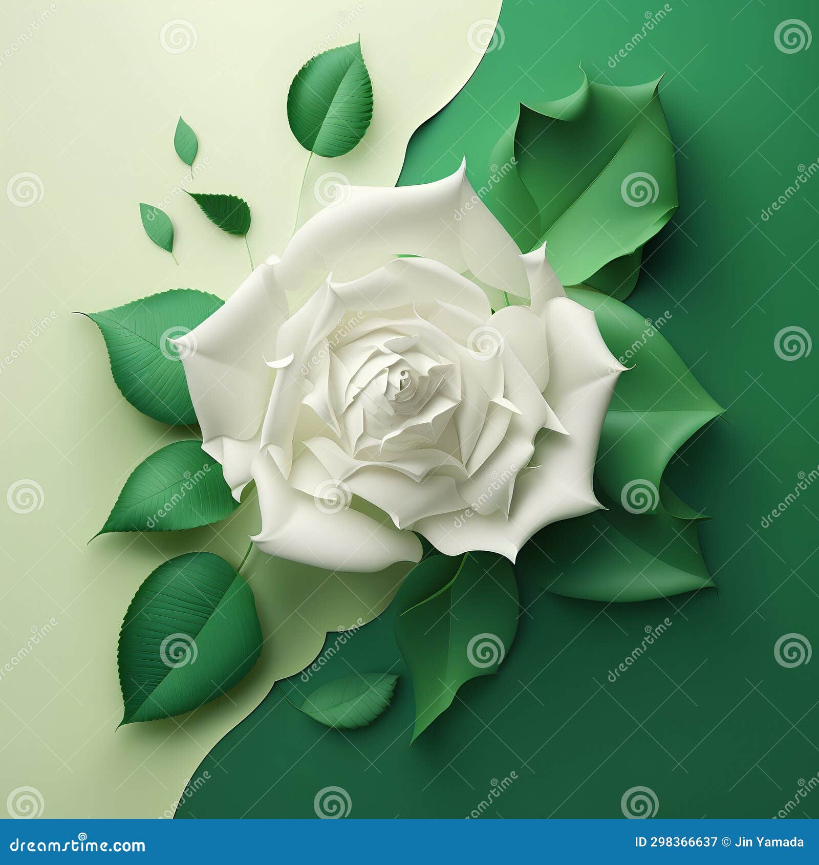 White Rose with Green Leaves on a Green Background. 3d Illustration ...