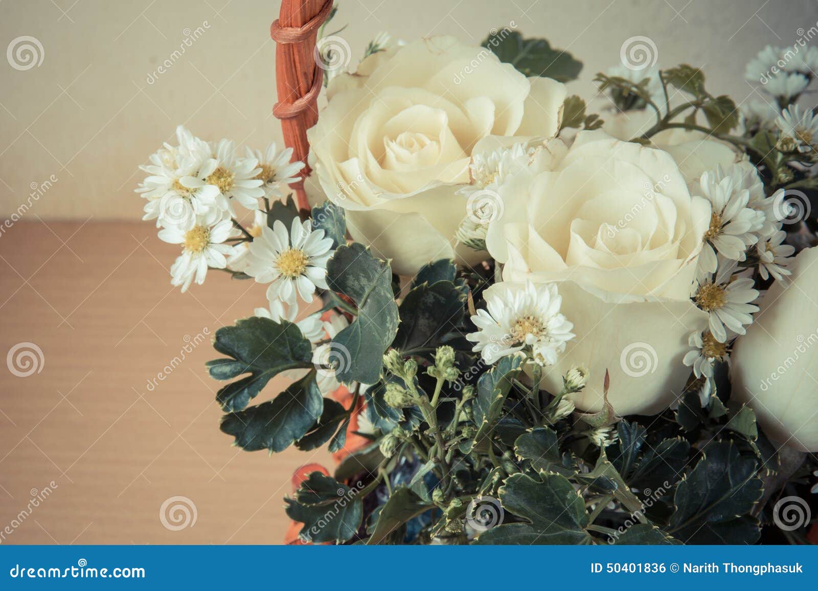 White roses in a basket stock photo. Image of vase, gift - 50401836