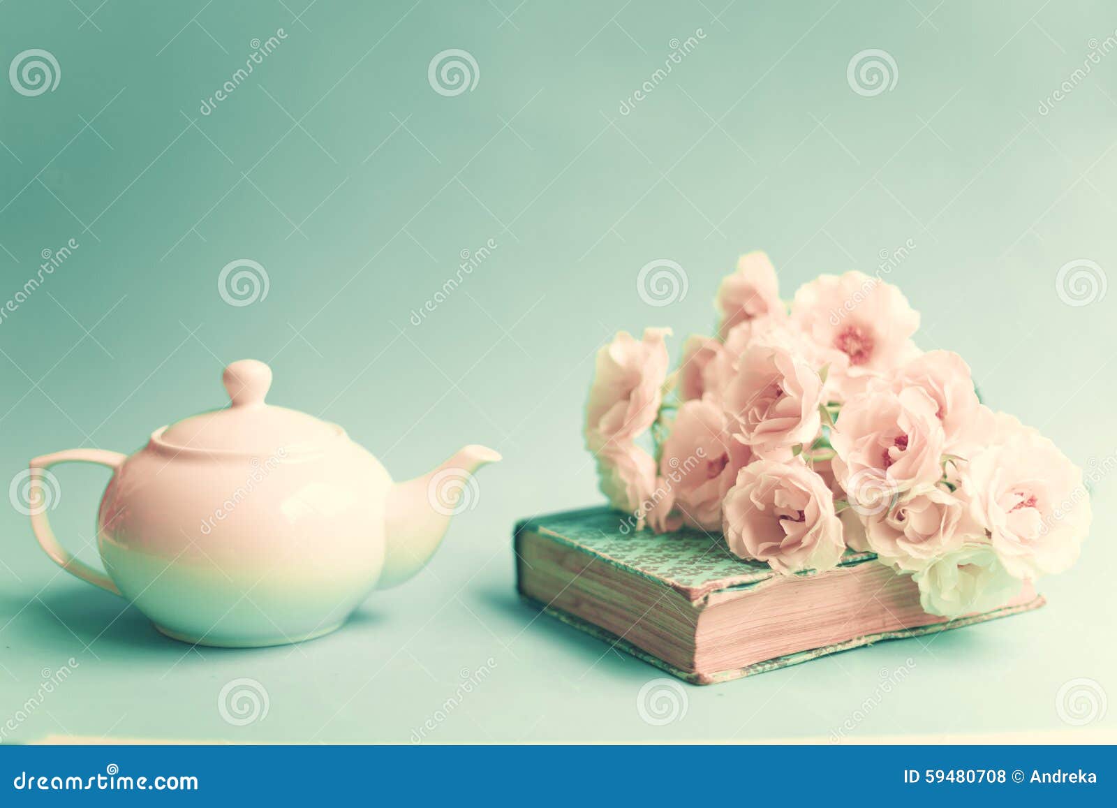 White Roses Over Book and Teapot Stock Photo - Image of girly, retro ...