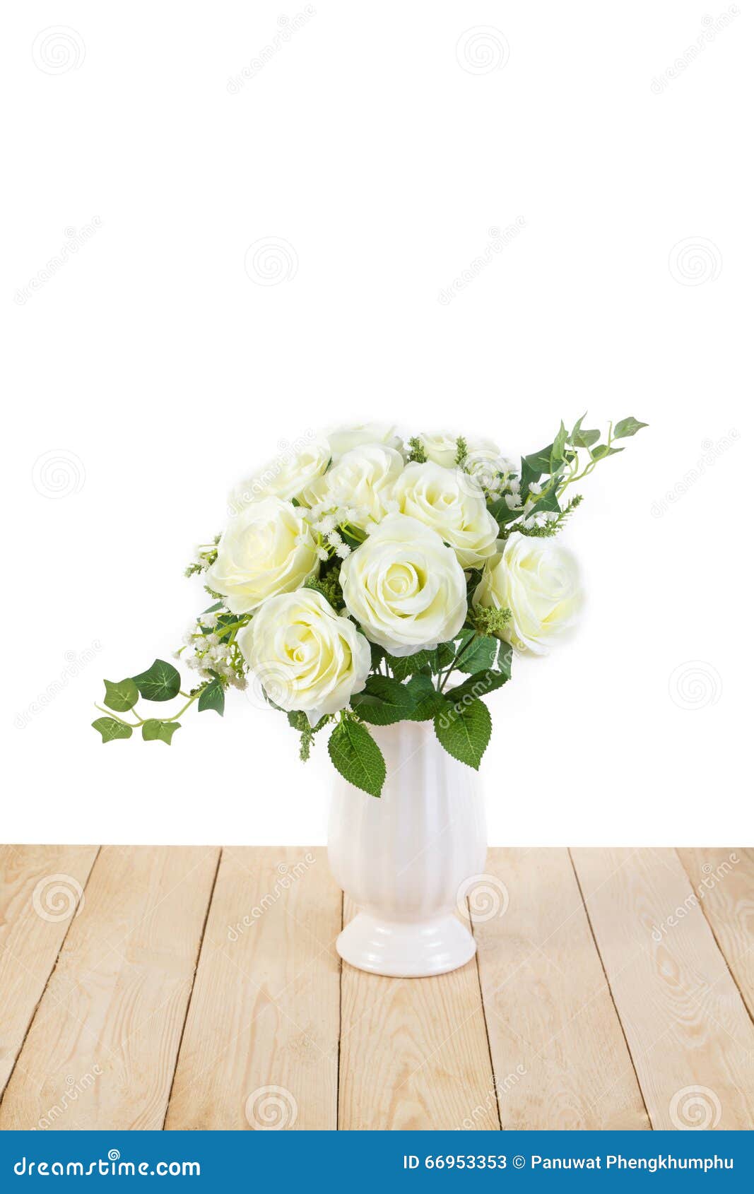 White Roses in Pot on Wood Texture Background. Stock Image - Image of ...