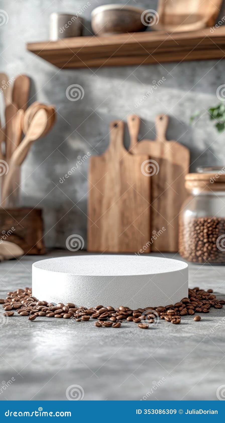 White Round Podium, Coffee Beans Around. Blurred Kitchen Utensils ...