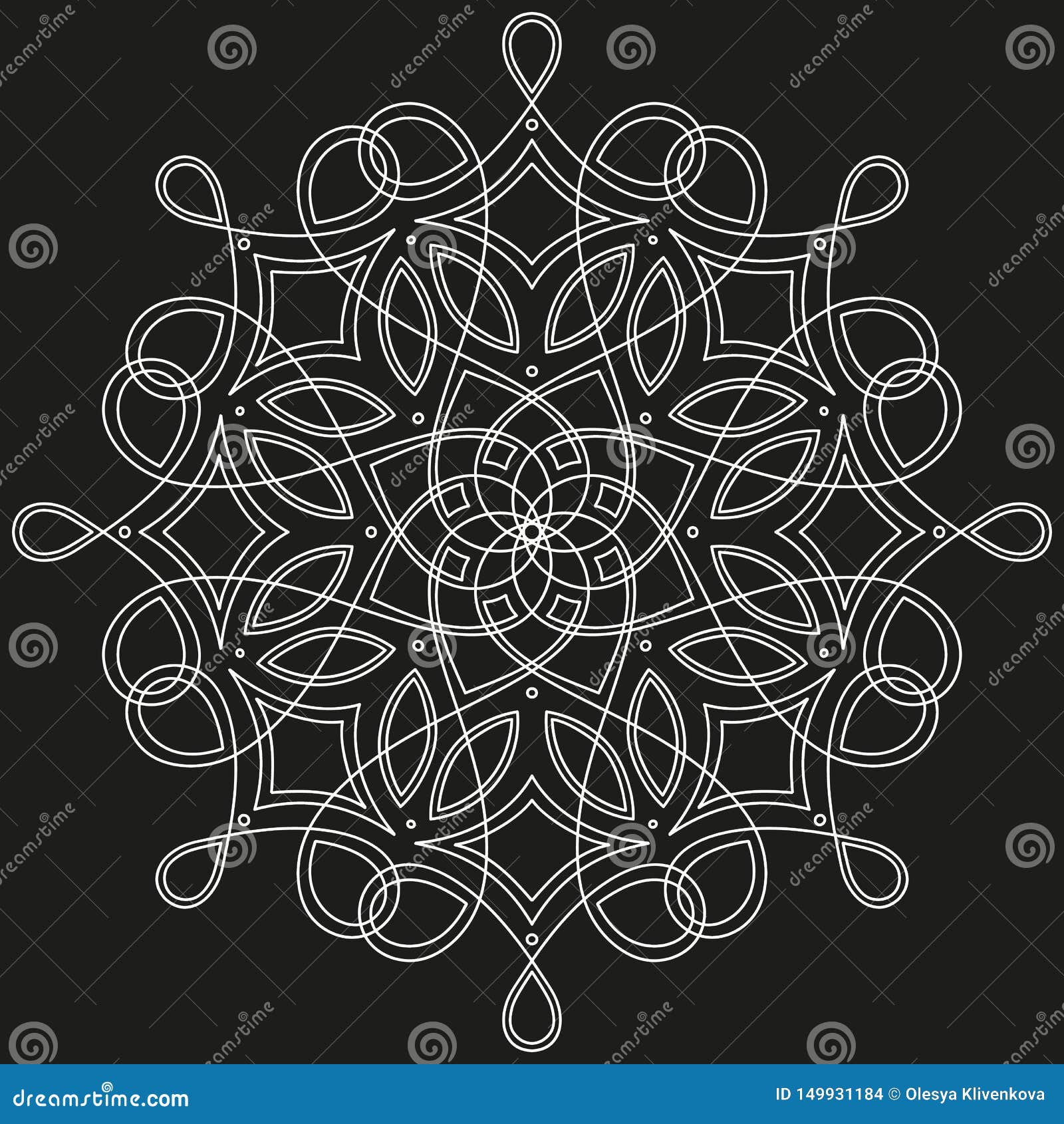 White Round Symmetrical Pattern on Black. Fancy Decorative Mandala ...