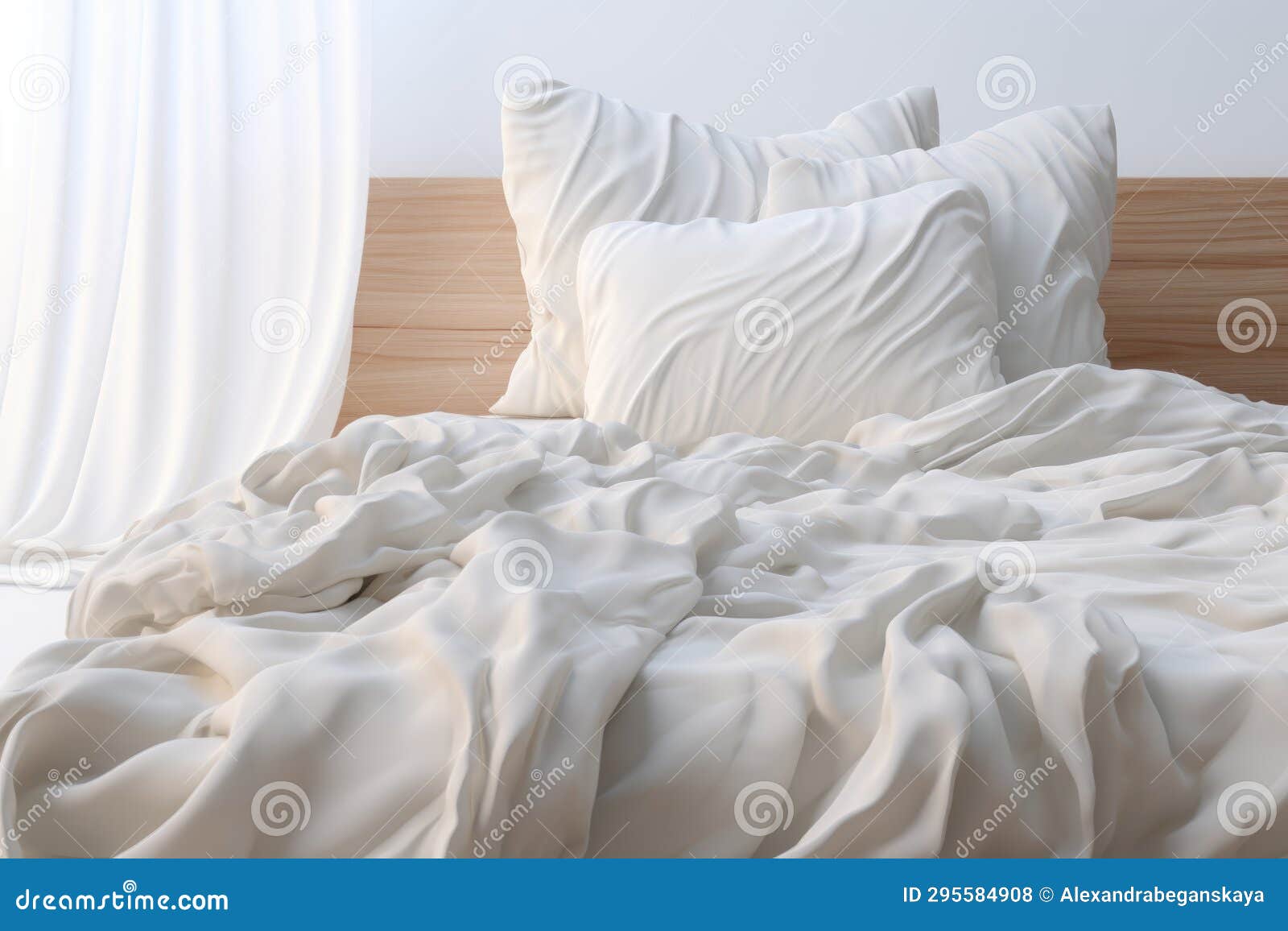 A White Rumpled Bed with Pillows and a Blanket on the Bed Stock ...