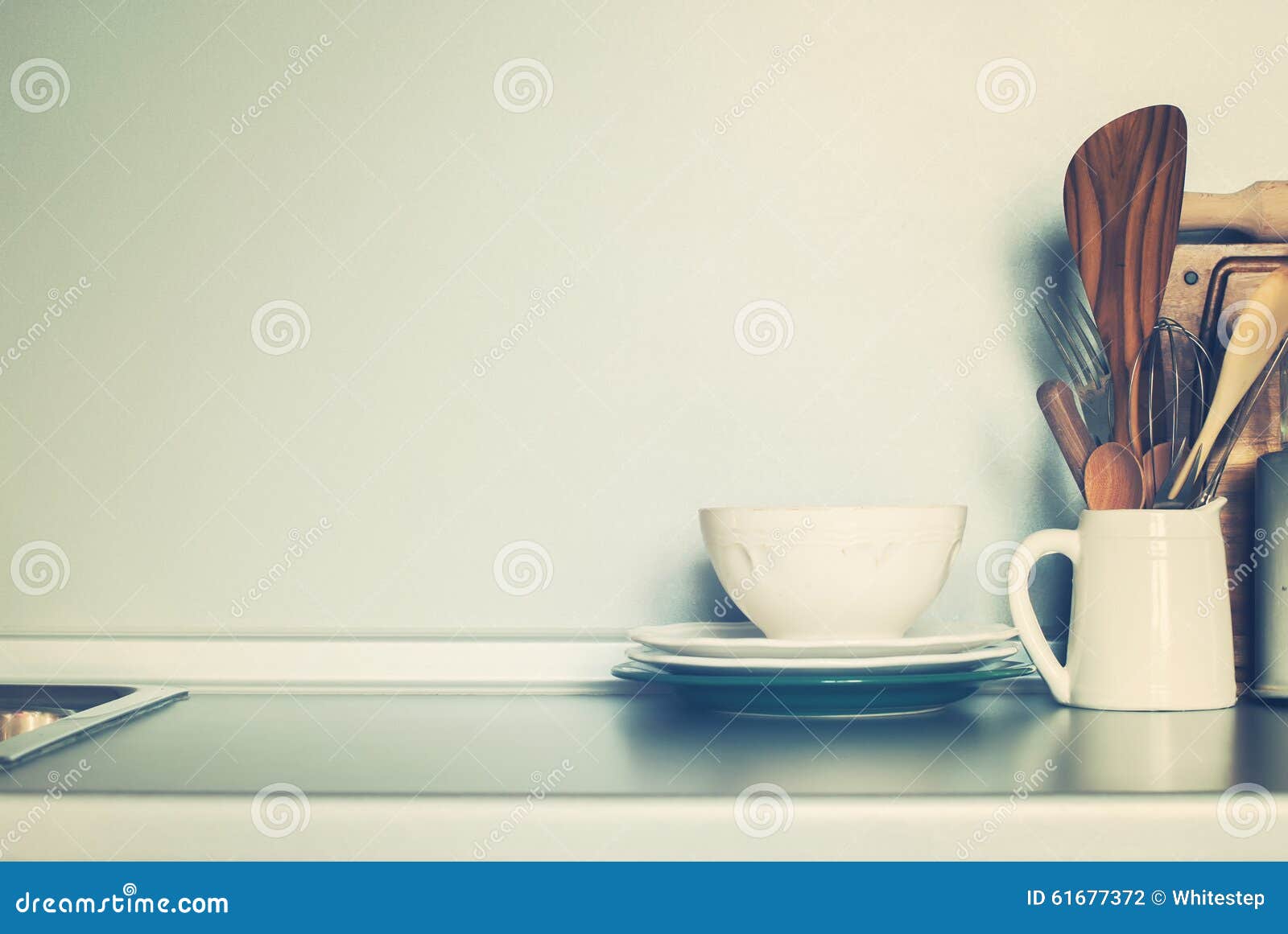 White Rustic Bowl and Kitchen Different Stuff, Table Ware on Grey Wall ...