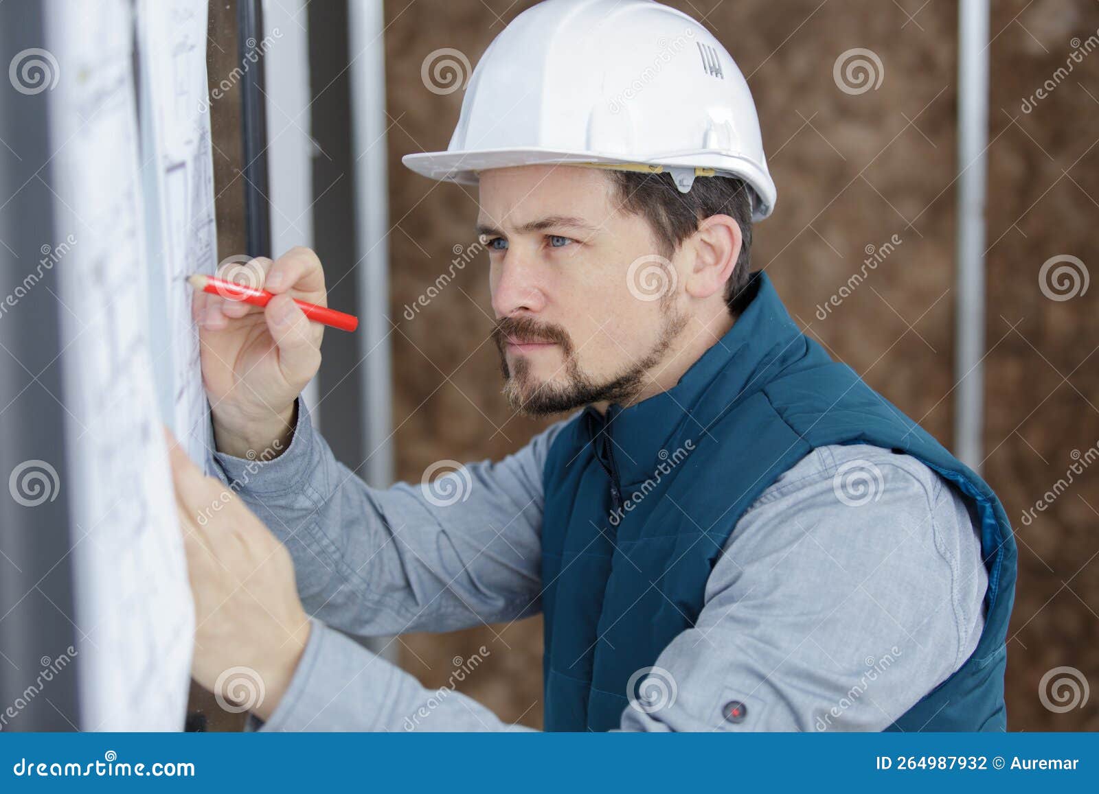 White Safely Helmet Male Engineer with Blue Print Stock Photo - Image ...