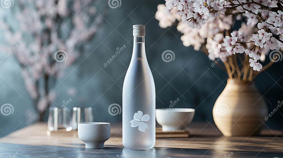 A White Sake Container with Two Sake Cups on the Table, Stock ...