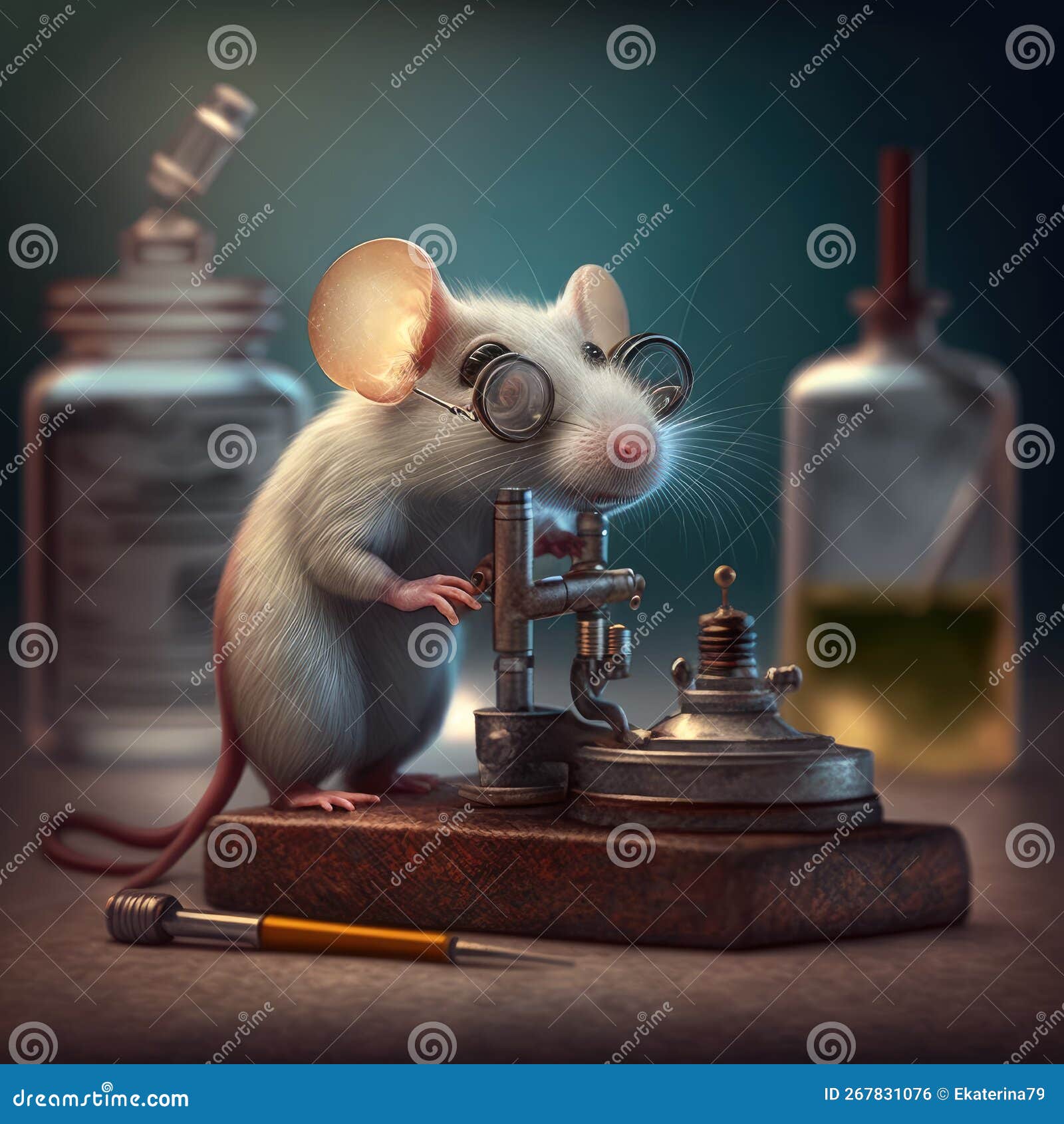 A White Scientist Mouse with Glasses Performing an Experiment in His ...