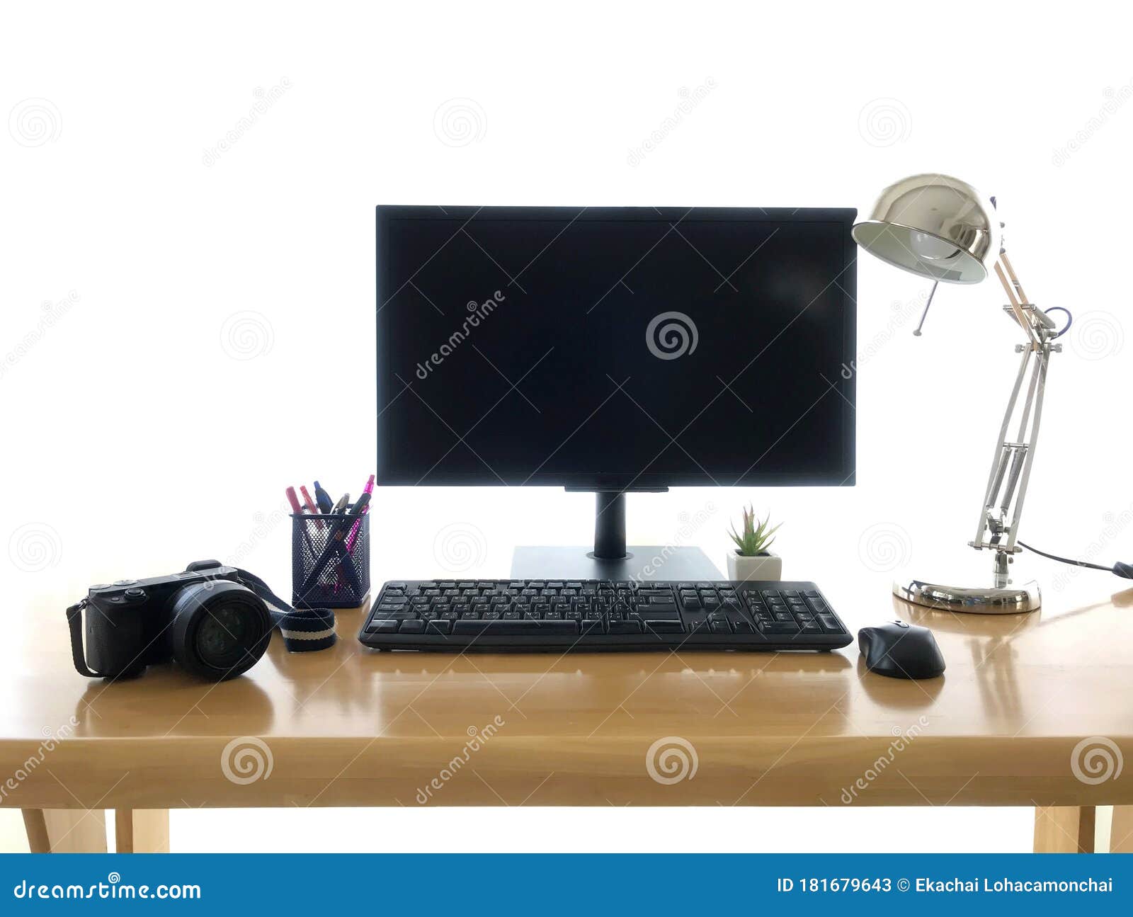 White Screen Computer in Room on Gray Table and Camera Film, Workplace ...