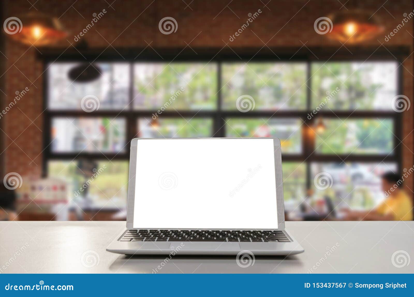 White Screen Computer on a Table in Coffee Shop Stock Image - Image of ...