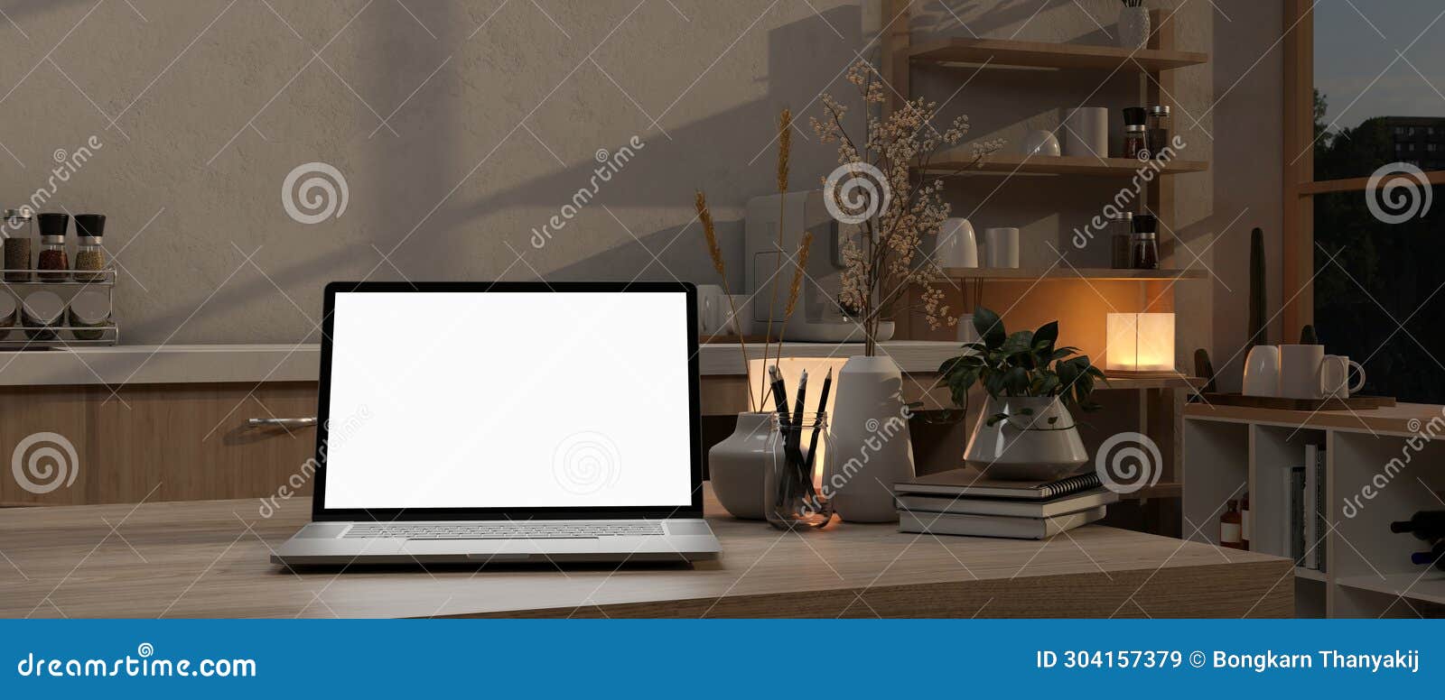 A White-screen Laptop Computer on a Kitchen Island in a Modern Kitchen ...