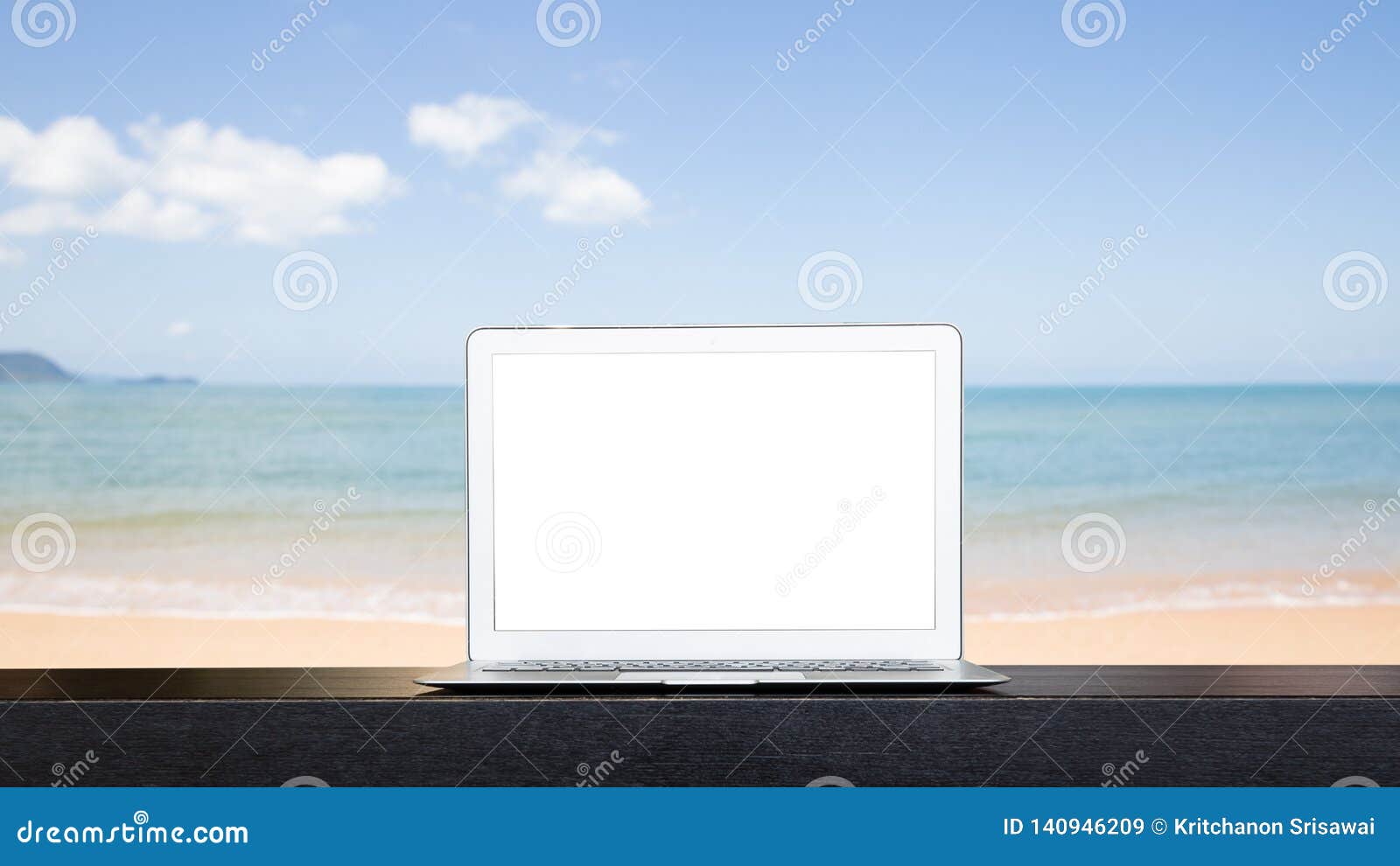White Screen Laptop Computer, Working on the Beach Concept Stock Image ...