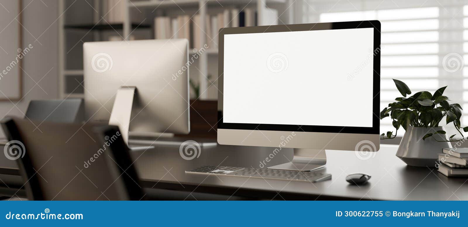 A White-screen PC Computer Mockup on a Desk in a Modern Office Room ...